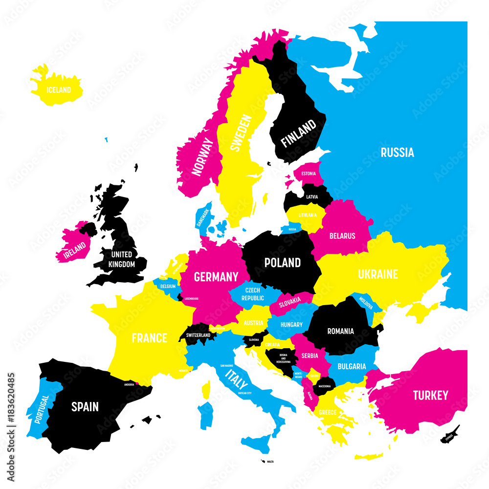 Political map of Europe continent in CMYK colors isolated on white ...