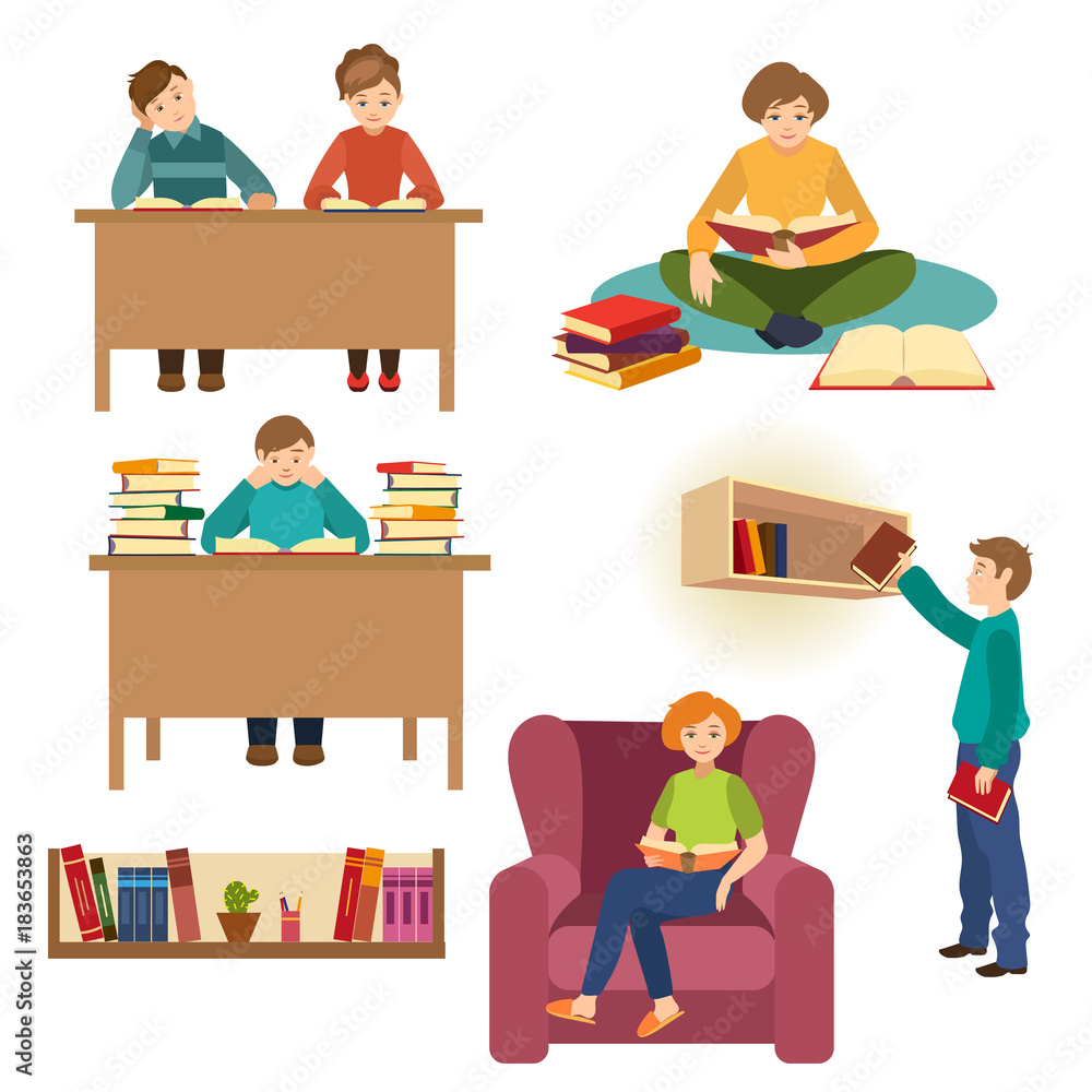 Стоковое векторное изображение «Set of people, students reading books ...