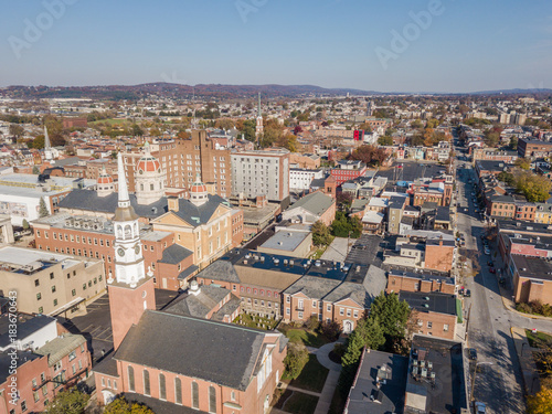 Aerial of Downtown York, Pennsylvania next to the Historic District in ...