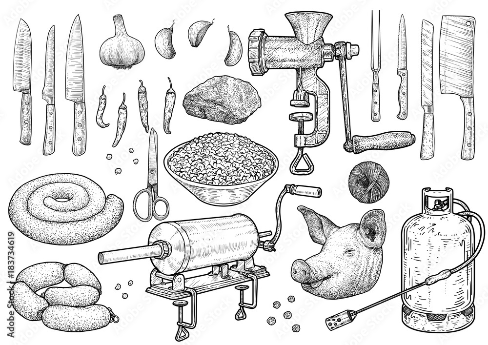 Slaughter ceremony tools illustration, drawing, engraving, ink, line ...