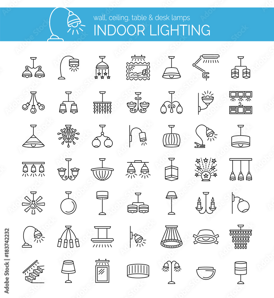 Lamps and lighting. Home illumination. Vector line icons set. Stock ...
