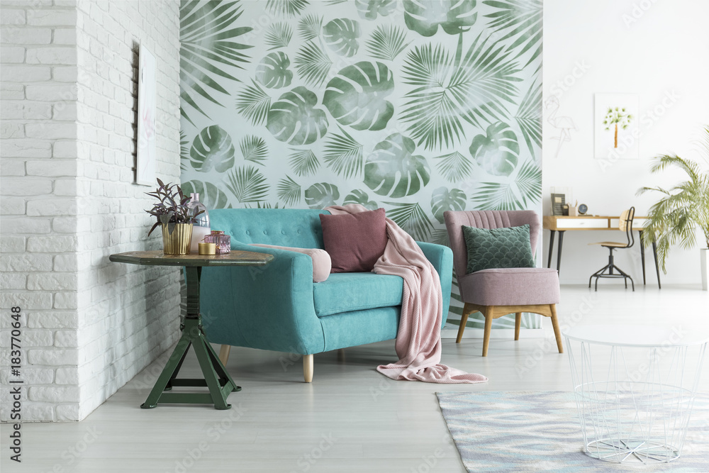 Green wallpaper in living room Stock Photo | Adobe Stock