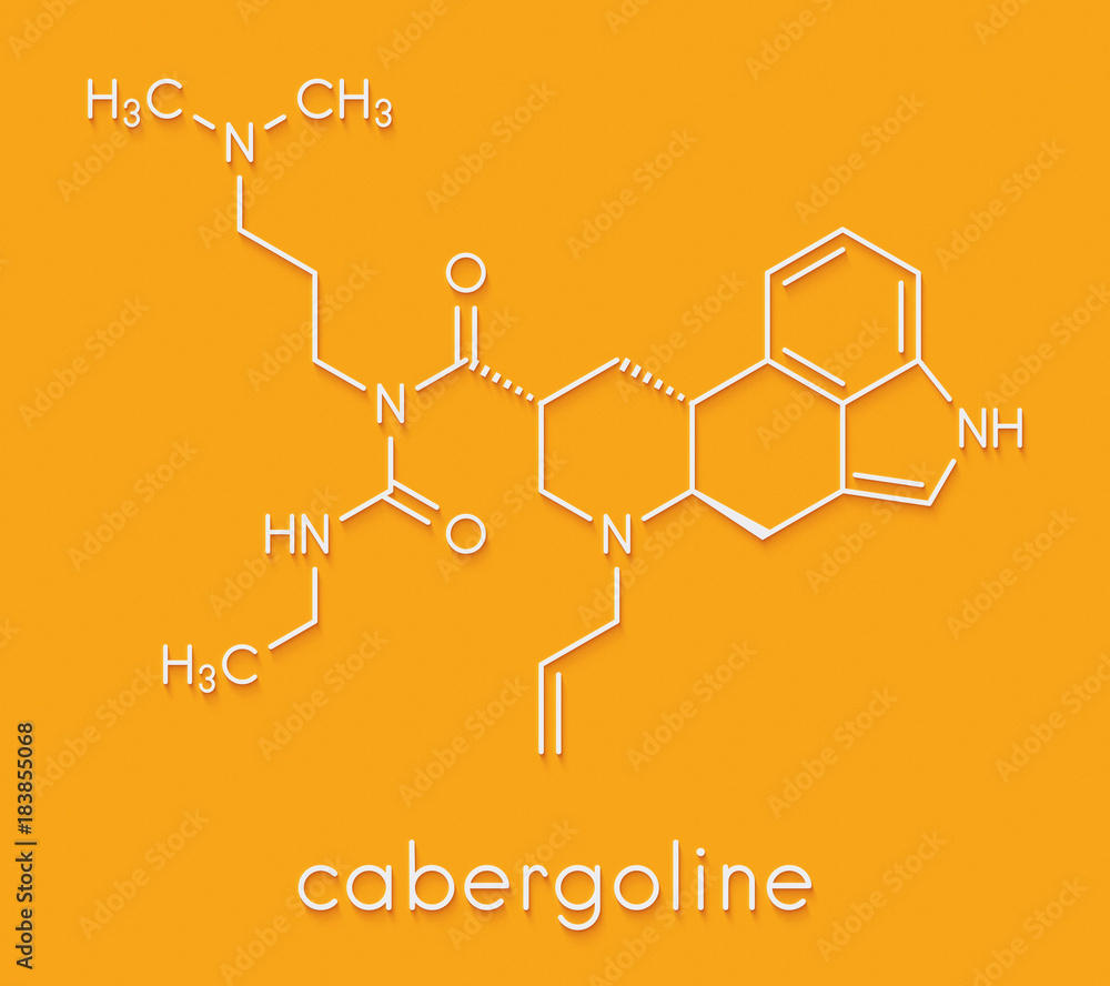 Cabergoline drug molecule. Used in Parkinson's disease and other ...