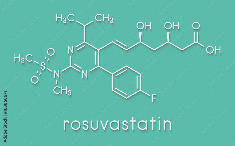 Rosuvastatin cholesterol lowering drug (statin class) molecule. Skeletal formula. Stock ...