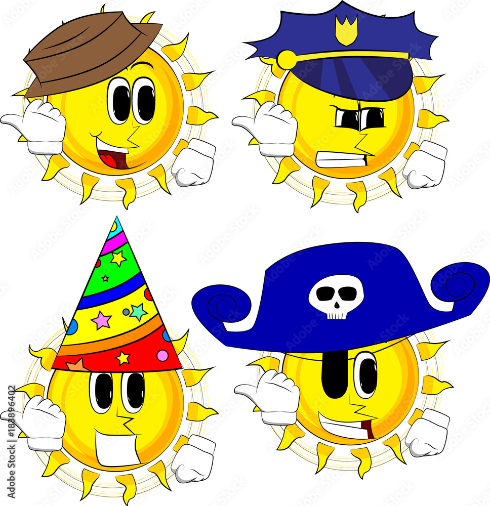 Cartoon sun with pointing hand behind his back. Collection with costume ...