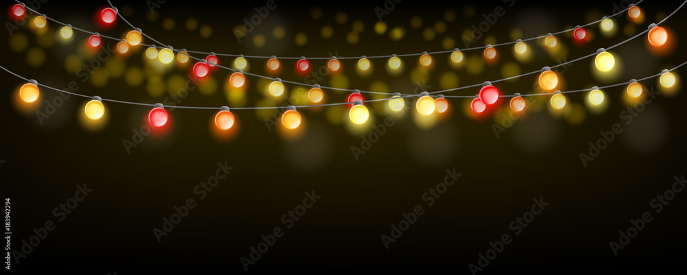 Light string banner in dark with bokeh and glow. Vector illustration ...