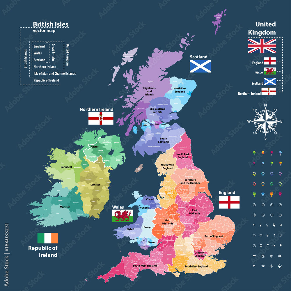 British Isles administrative divisions colored by countries and regions ...
