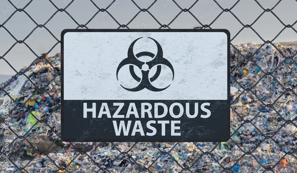 3D rendered illustration of hazardous waste sign on chain link fence ...