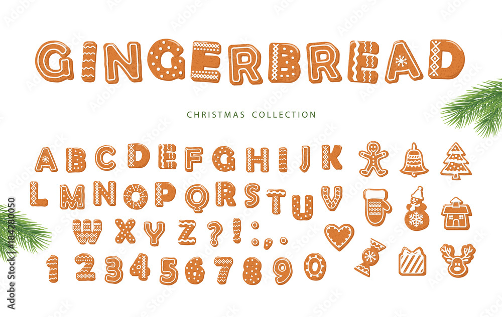 Christmas cartoon big set. Gingerbread alphabet and different cookies ...