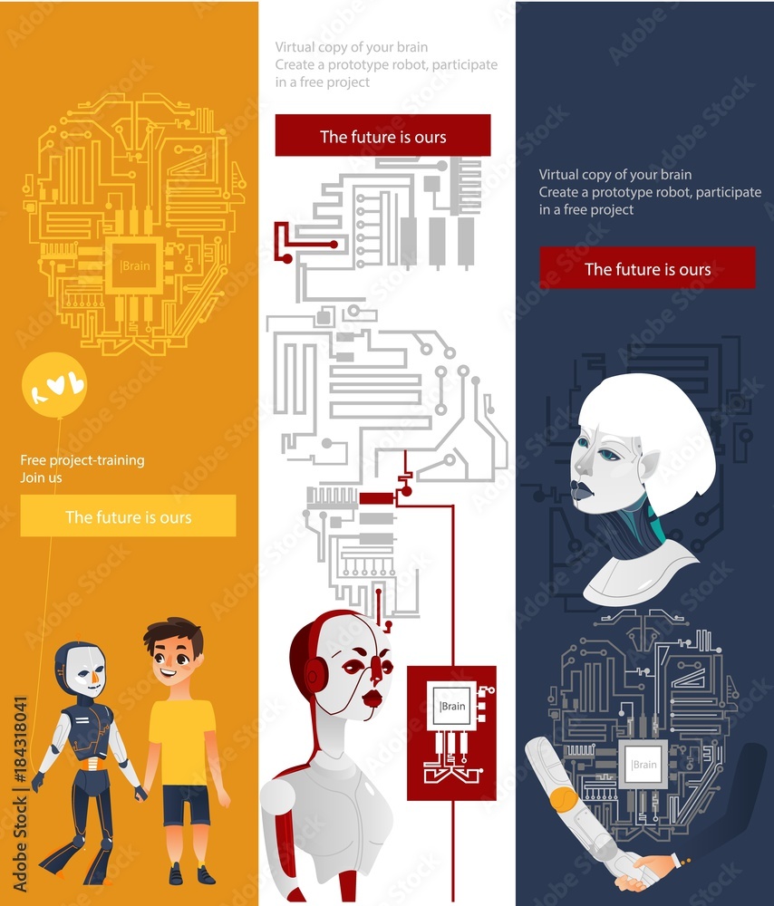 vector cartoon futuristic infographics banners, posters set with people ...