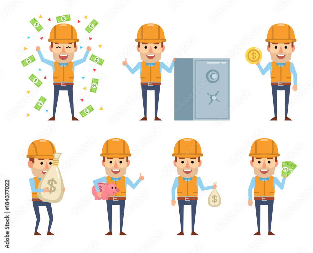 Set of funny construction worker characters posing with money. Cheerful ...
