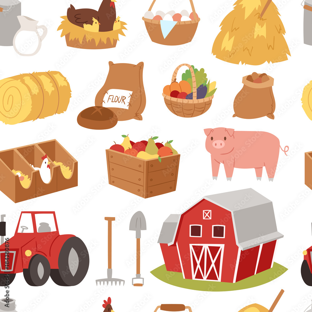 Farm vector tools and symbols house, traktor cartoon farming village ...