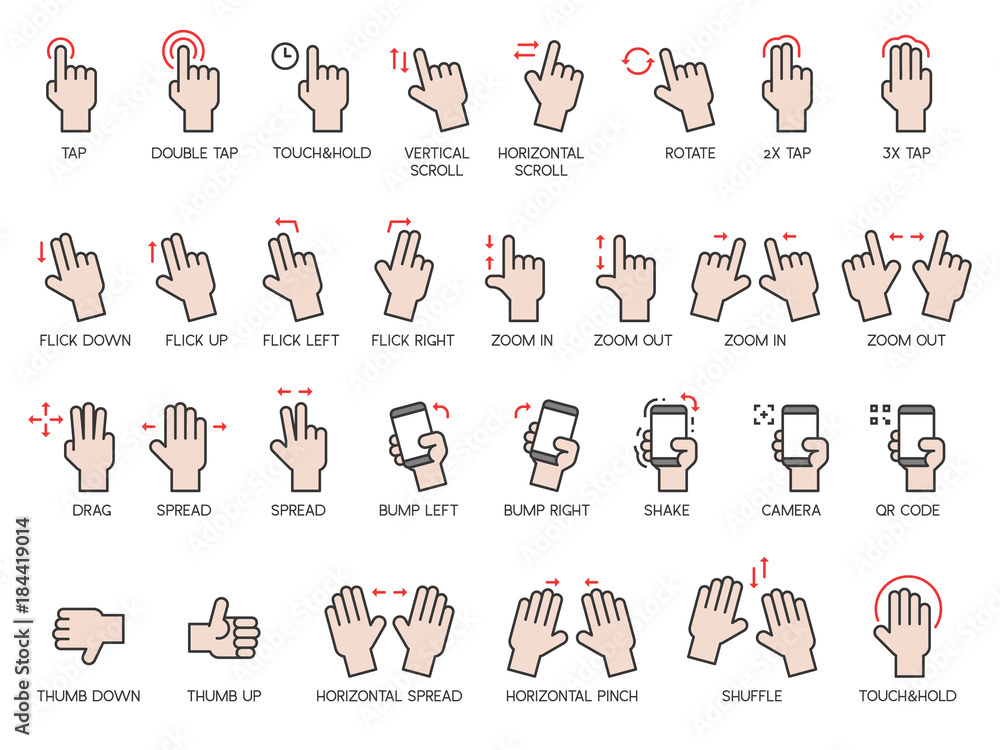 Hand gestures icons set with name, for use as interface of smartphone application and tablet ...