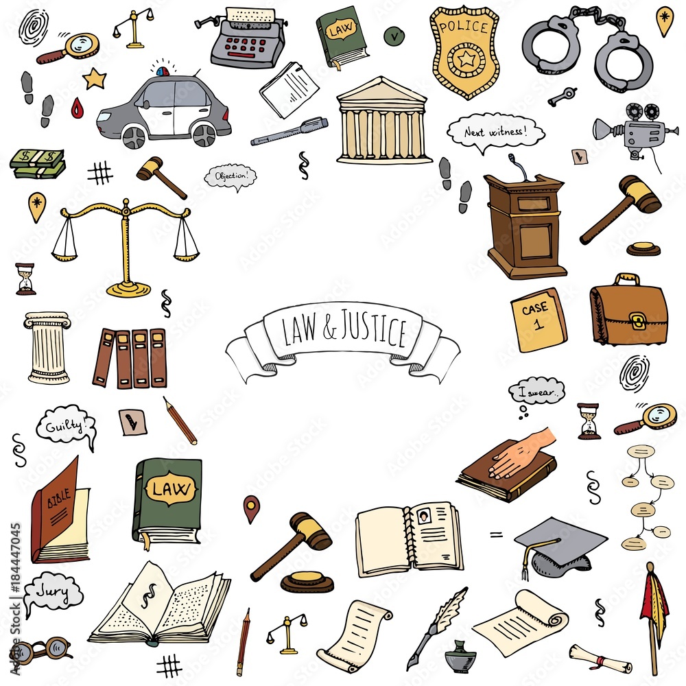 Hand drawn doodle Law and Justice icons set Vector illustration law ...