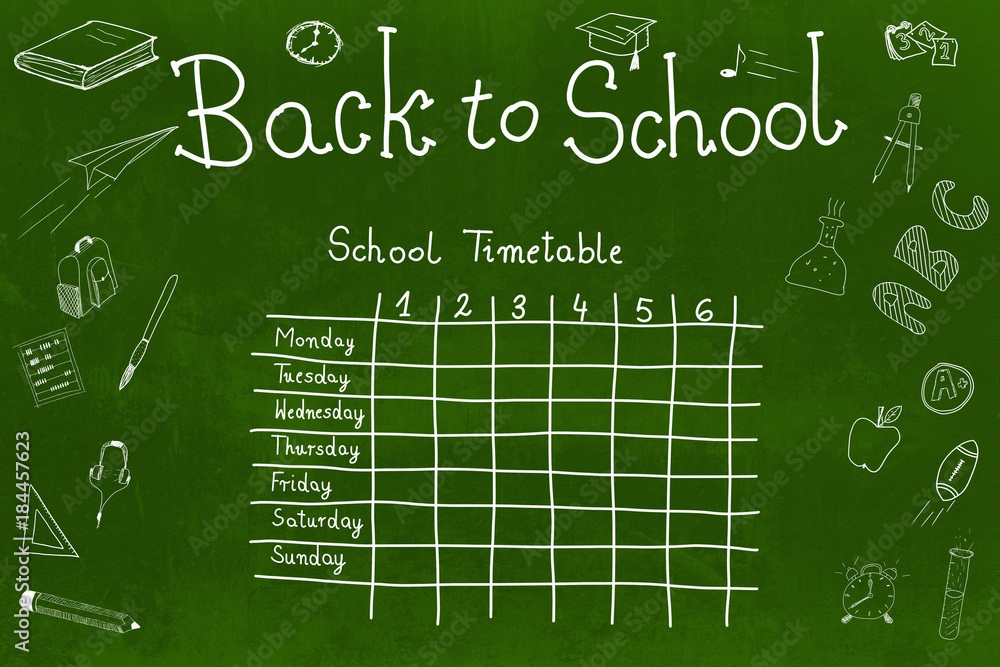 Schedule at school for the whole week. Hand-drawn table with a lesson ...