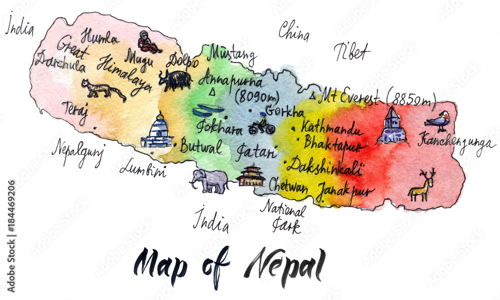 Ilustración de Stock Cartoon map of attractions of Nepal, hand drawn ...