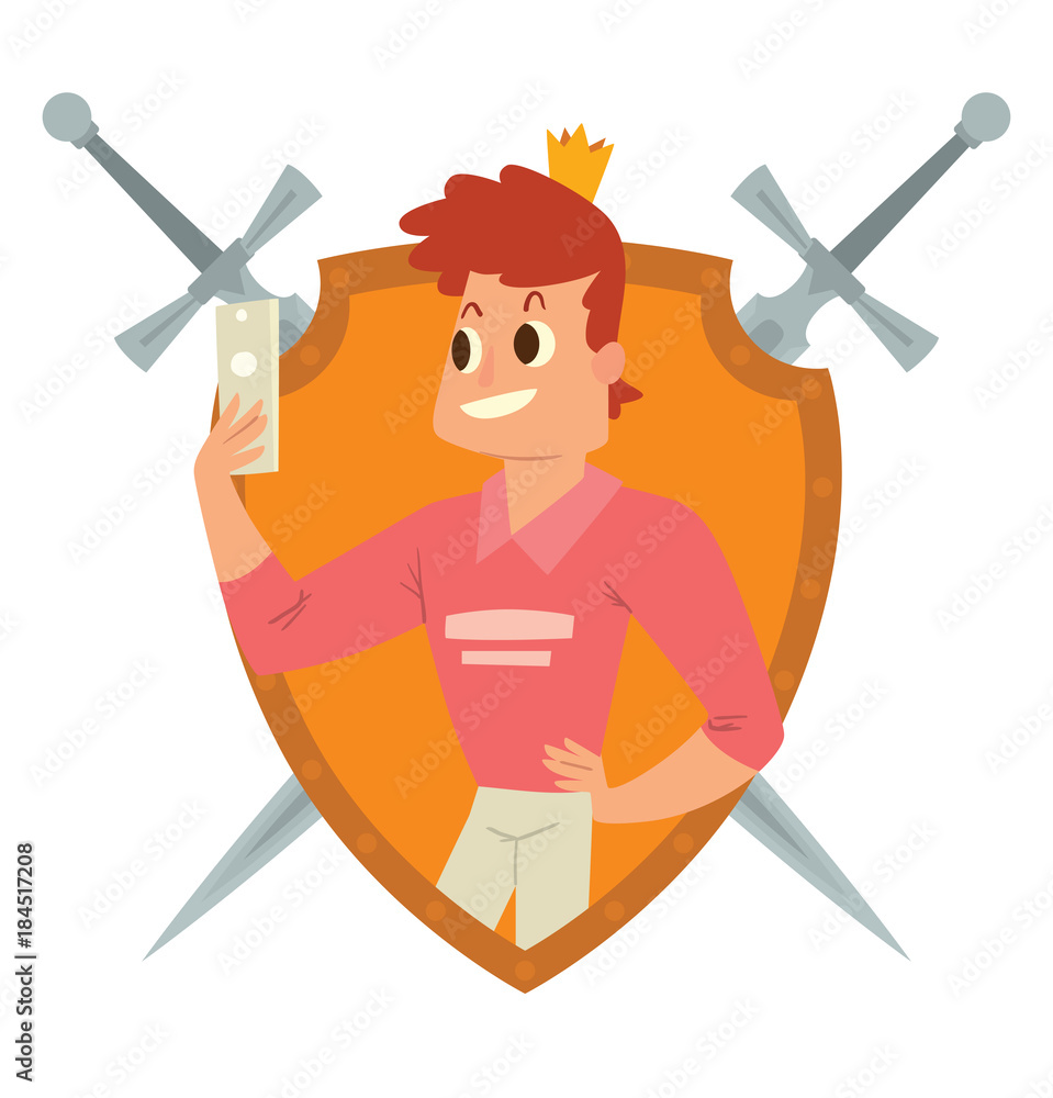 Vector yellow frame as shield with crossed swords. Cartoon image of a ...