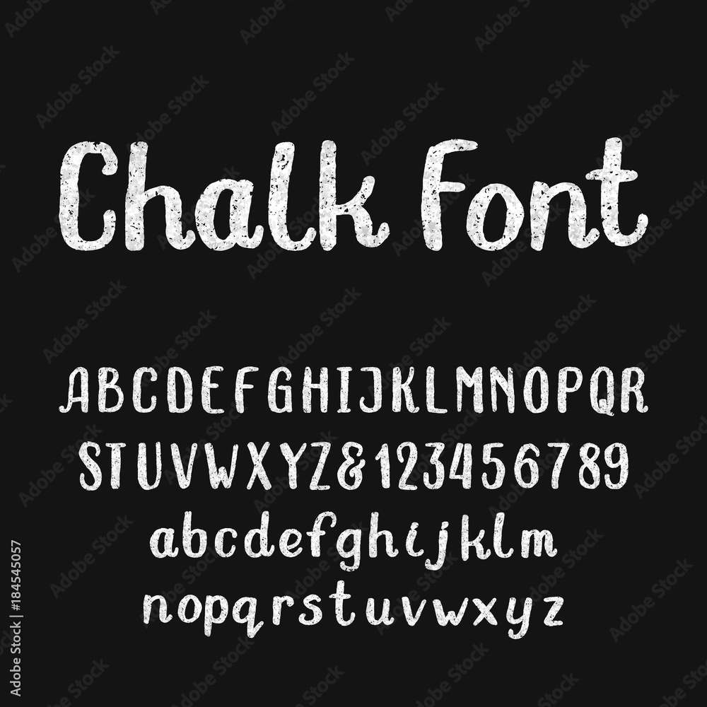 Chalk alphabet font. Hand drawn type letters and numbers on a dark ...