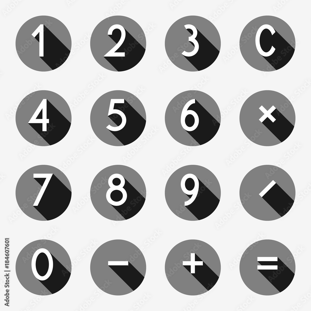 Calculator buttons in flat design, numbers with long shadow, vector ...