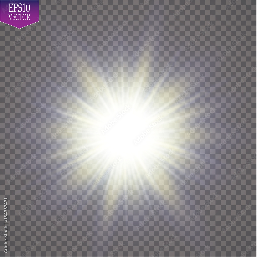 Glow light effect. Starburst with sparkles on transparent background. Vector illustration. Sun ...