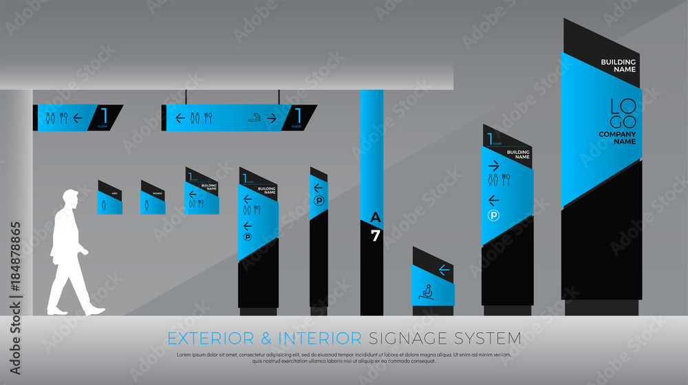 exterior and interior signage blue graphic. direction, pole, wall mount ...