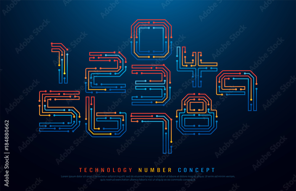 Technology digital numbers network concept. 1, 2, 3, 4, 5, 6, 7, 8, 9 ...