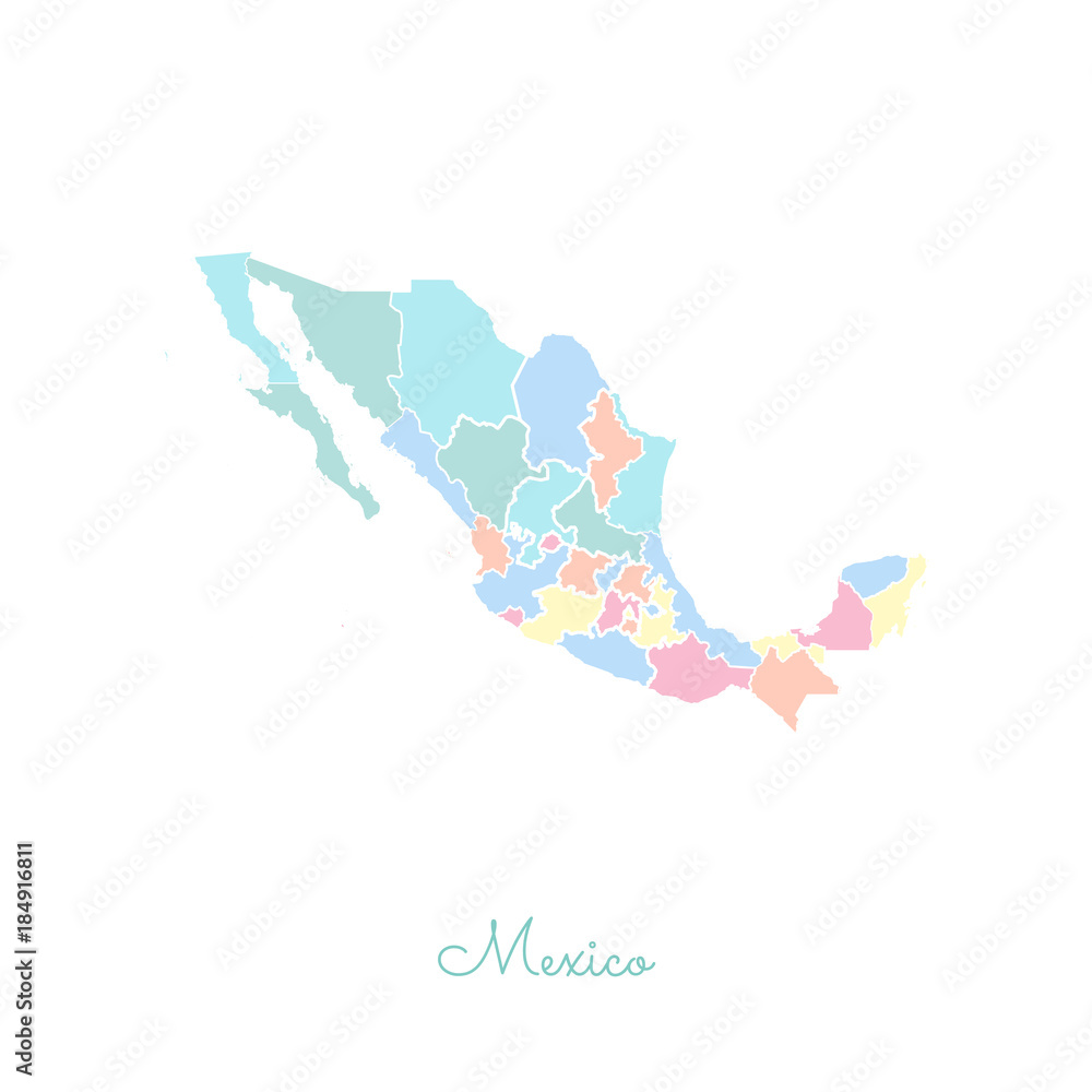 Mexico region map: colorful with white outline. Detailed map of Mexico ...