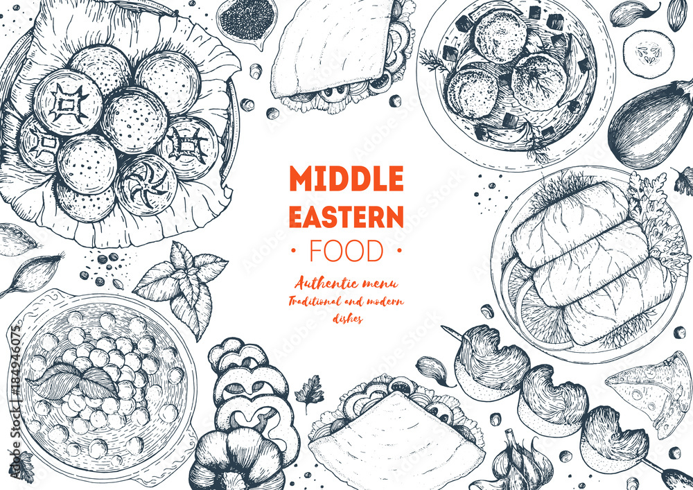 Stockvector Middle eastern cuisine top view frame. Food menu design ...