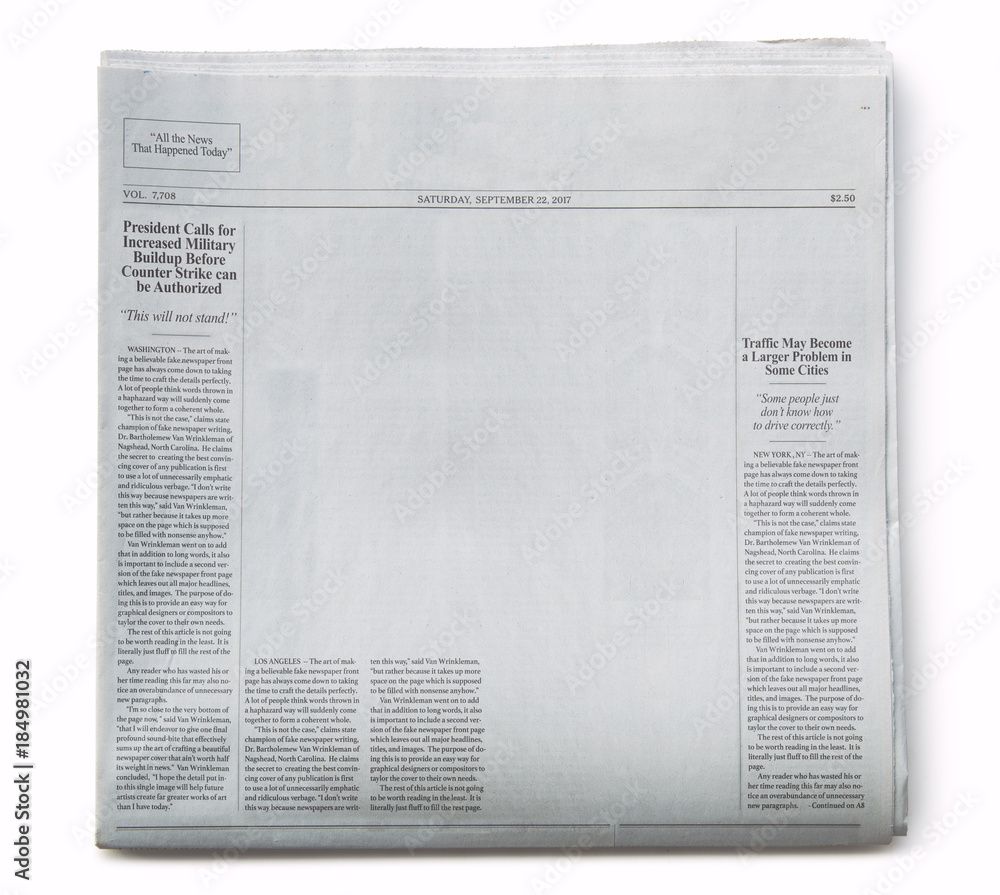 Fake Newspaper Partially Blank with Fake Articles on White Background ...