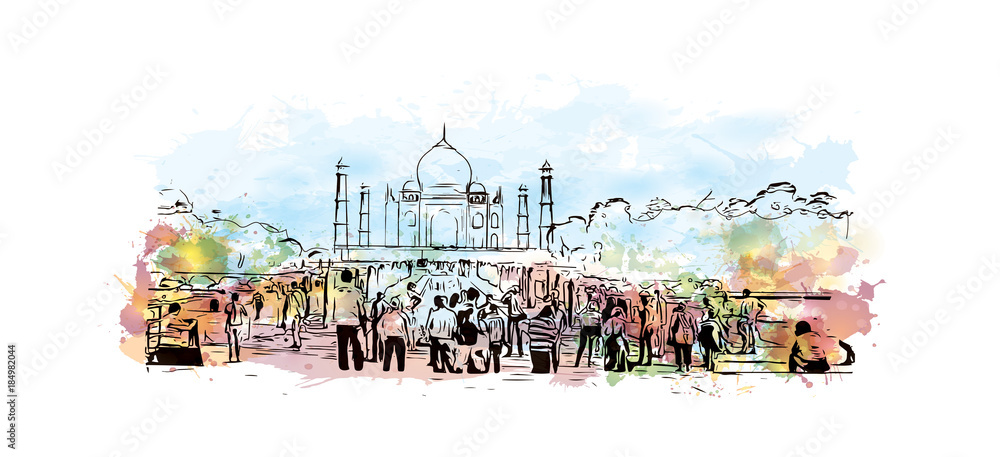 Watercolor splash with hand drawn sketch of Taj Mahal in Agra, India. Colorful vector ...