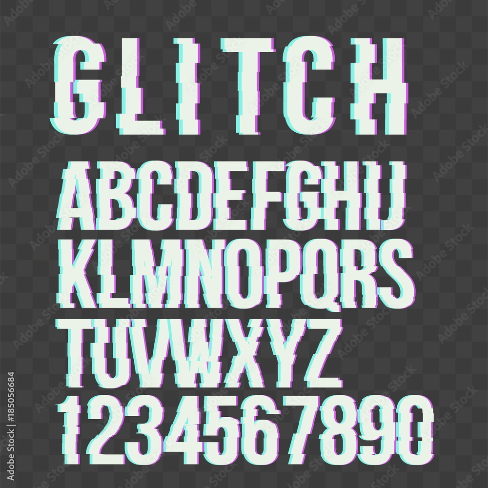 Trendy style distorted glitch typeface alphabet. Letters and numbers: A ...
