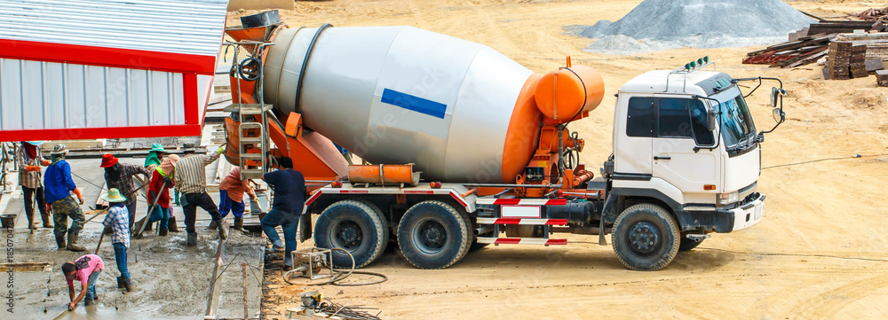 foundation from cement to a new building ground truck mixer hard ...