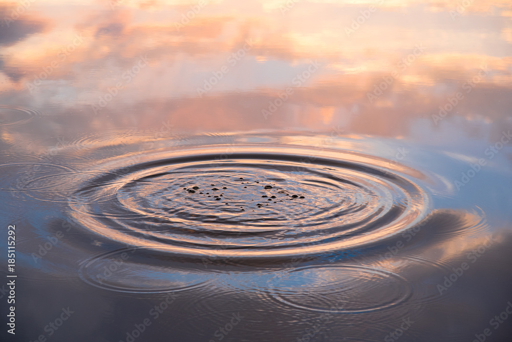 Water drop falling on water surface in evening sunlight with reflection ...