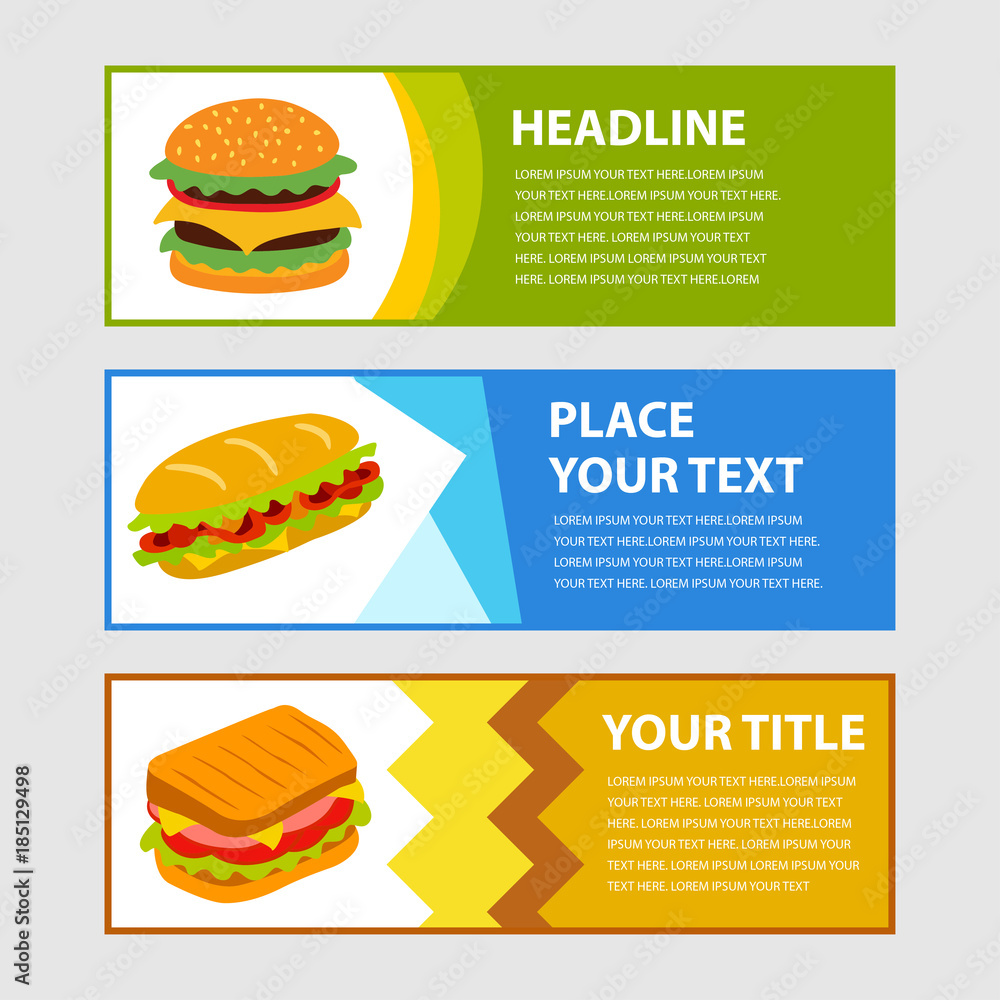 3 Flat horizontal banners with fast food menu. Beautiful vector design ...