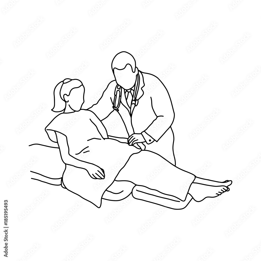 Doctor pulling female patient to sit on the bed vector illustration ...