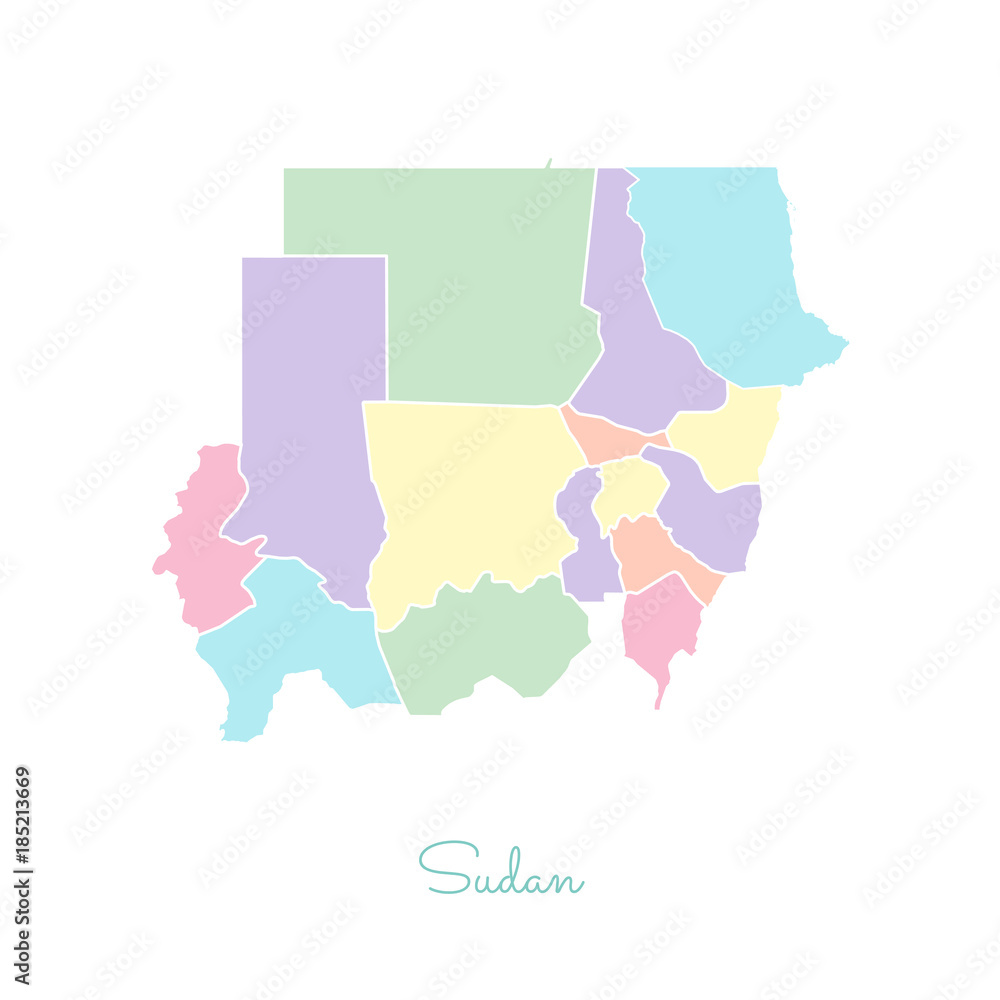 Sudan region map: colorful with white outline. Detailed map of Sudan ...
