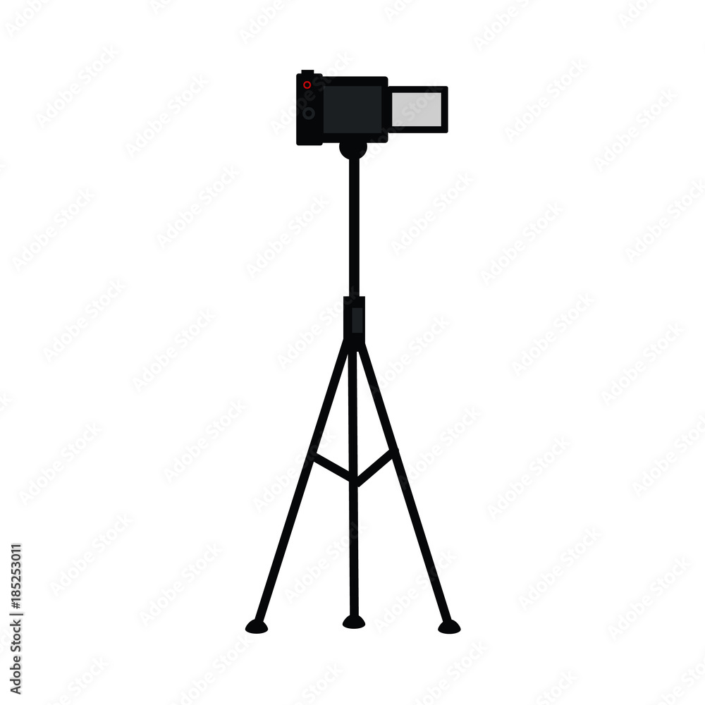 vector flat cartoon lens photo camera standing at special tripod stand ...