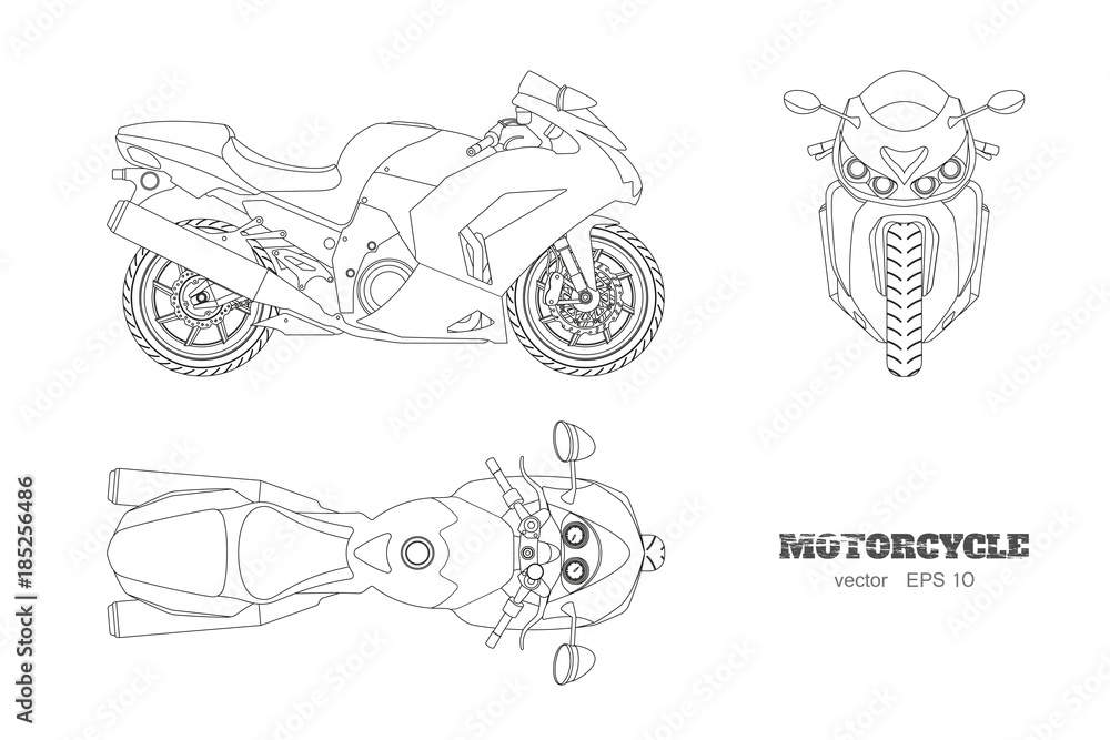 Outline drawing of motorcycle. Side, top and front view. Detailed ...