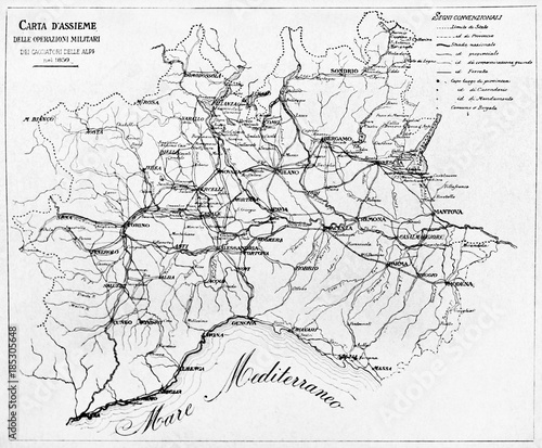 Old black and white map of Hunters of the Alps military actions in 1859 ...