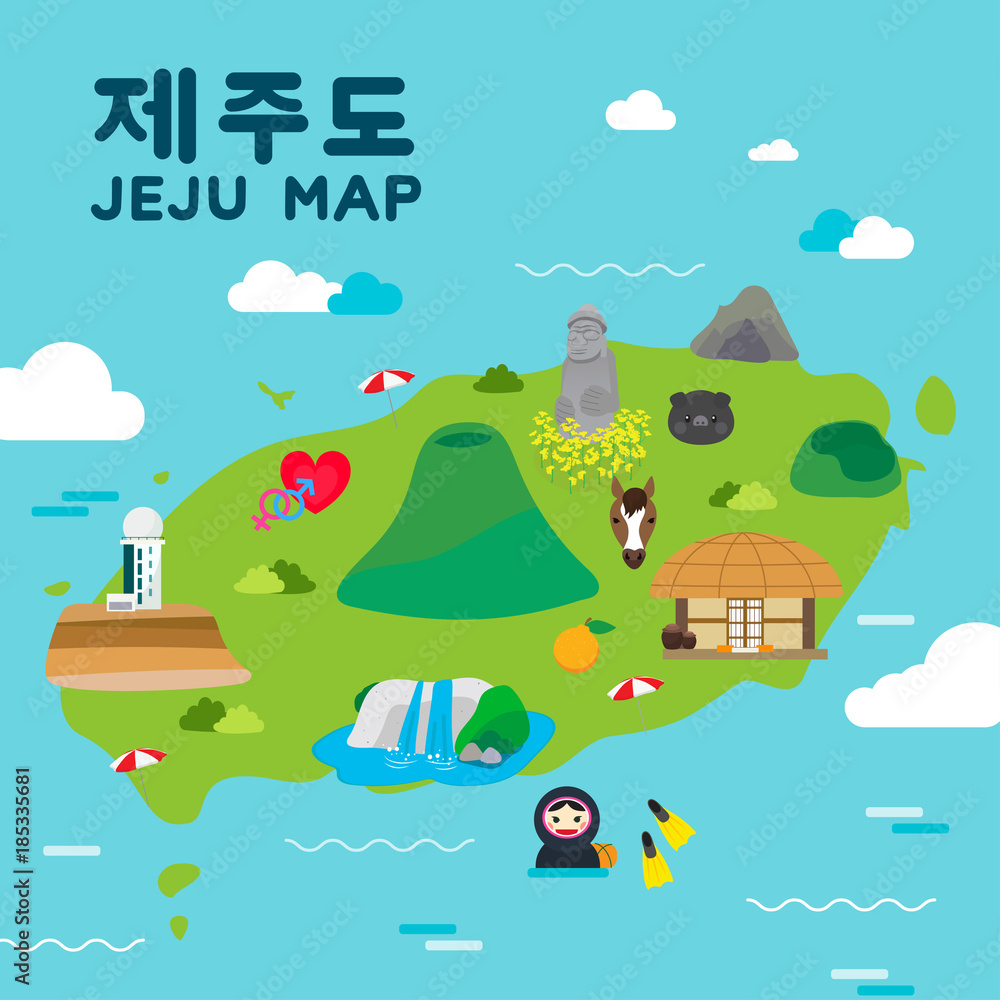 Jeju island Travel map vector illustration, Attractions in flat design ...