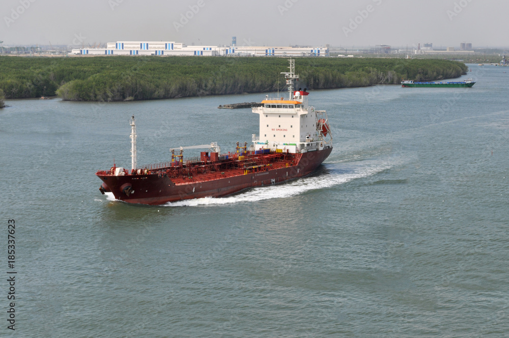 Tanker Bunker in coastal waters. Small Oil tanker in the sea, ocean ...