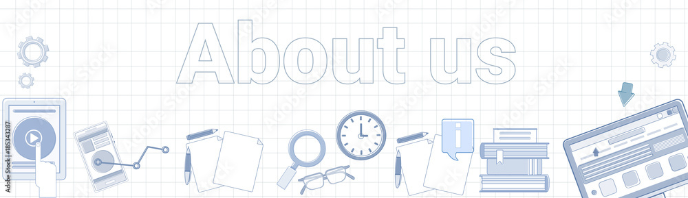 About Us Word On Squared Background Horizontal Banner Contact Information Page Concept Vector ...