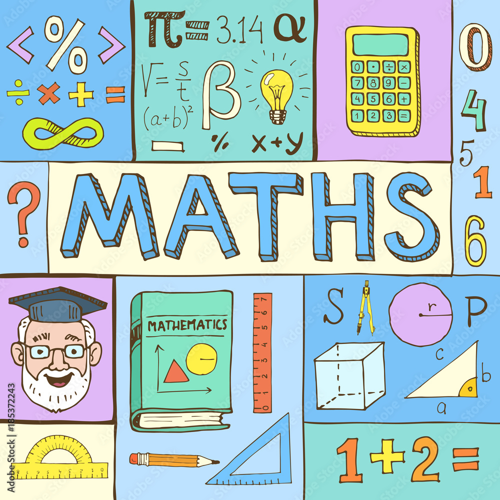 Mathematical poster. Maths hand drawn colorful vector illustration with ...
