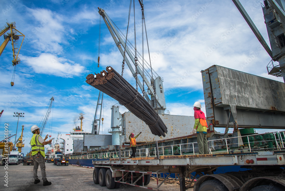 steel carry on lifting by the ship’s crane and lifting gears shackles ...