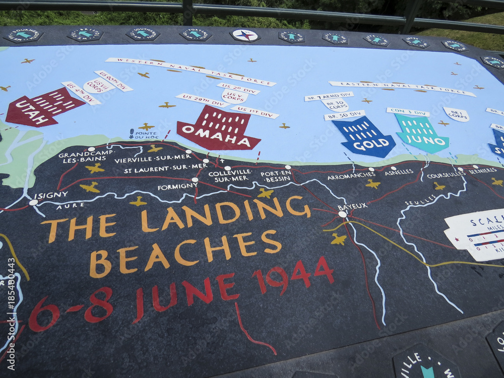 Omaha Beach, Normandy, France. Map of the landing Beaches of the Allied ...