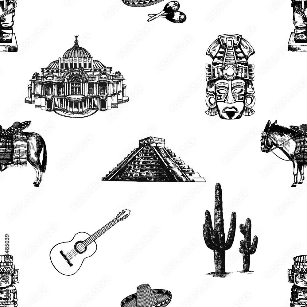 Seamless pattern of hand drawn sketch style set of Mexican themed ...