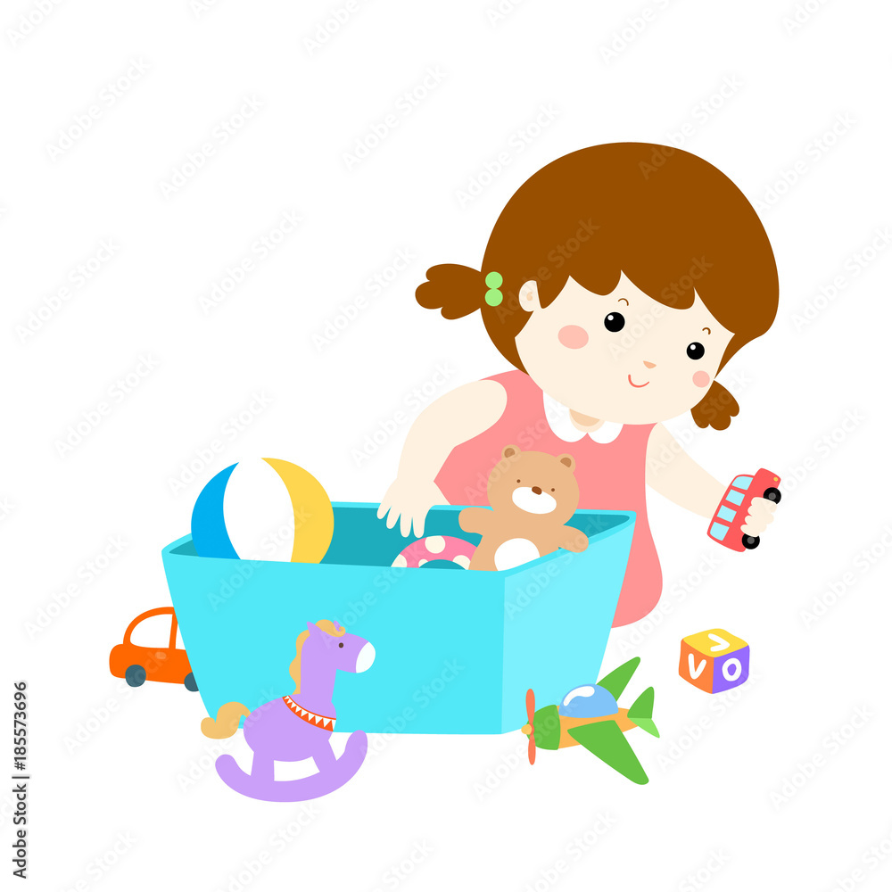Illustration of cartoon cute girl storing toys. Stock Vector | Adobe Stock