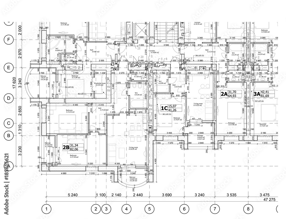 Part of a detailed architectural plan, floor plan, layout, blueprint ...