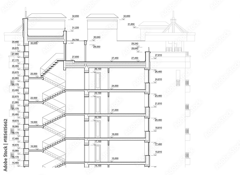 Detailed architectural plan of multistory building. Cross-section view ...