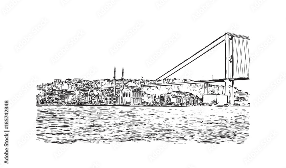 Hand drawn sketch of Iconic shot of Istanbul Bosphorus Bridge, Istanbul ...